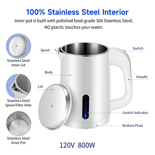 Small Electric Kettle Stainless Steel, 0.8L Portable Travel Kettle with Double Wall Construction, Mini Hot Water Boiler Heater, Electric Tea Kettle for Business Trip, Camping, Travel, Office (White)