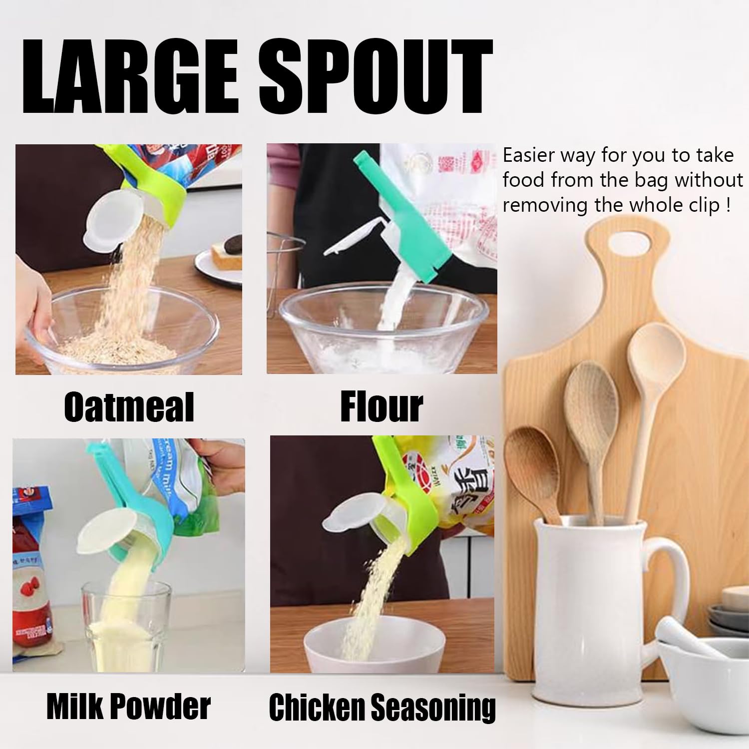 2PCS Bag Clips with Pour Spout,Food Bag Clip With Pour Spouts,Bag Spout Clips,Seal and Pour Bag Clips,Reusable Plastic Cap Sealer Clips, Great for Organizing and Storing Food in the Kitchen(White)