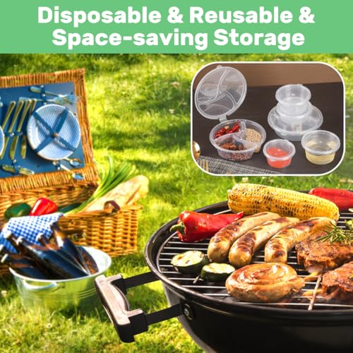 30PCS Three Compartment Condiment Container,CXKEJI Reusable 2 Compartment Snack Containers, Disposable Double Condiment Containers with Lids Perfect for To-go Condiments Sauce or Dips