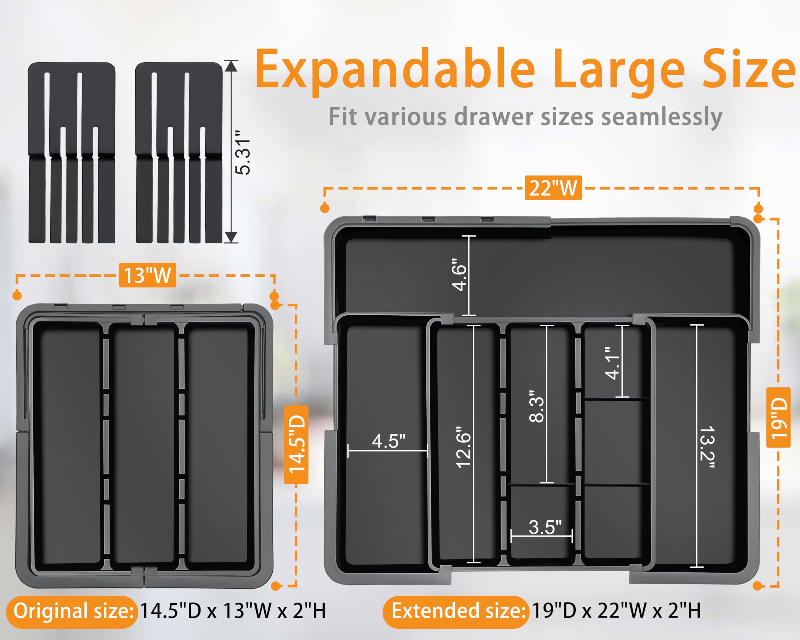 Homecor Utensil Drawer Organizer, Large Expandable Silverware Organizer for Kitchen Drawer, Cooking Utensils Tray Cutlery Flatware Holder with Removable Knife Blocks, Kitchen Gadgets Storage, Black
