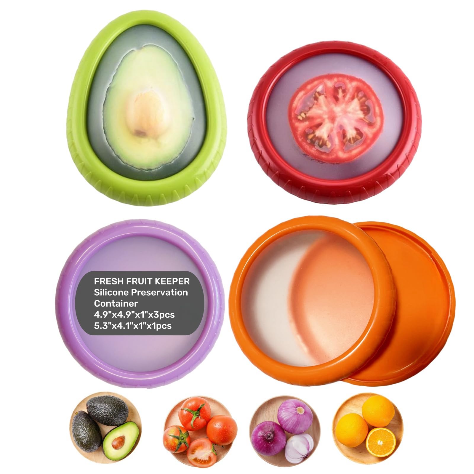 4 Pack Reusable Silicone Food Storage Containers - Avocado Saver & Onion Storage, BPA-Free, Fruit and Vegetable Anti-Oxidation Storage Box, Prevent Flavor Mixing, Fresh Pod for Fridge, Keep Fresh