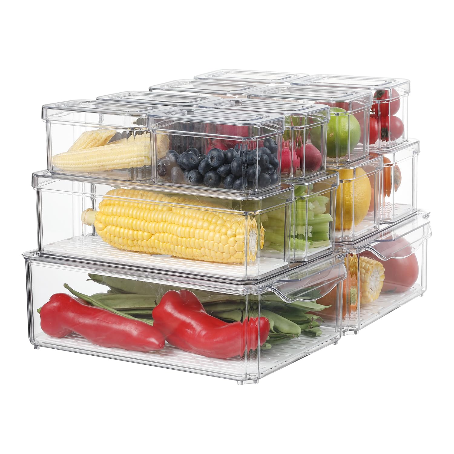 novelinks 14 Pack Fridge Organizer Bins Clear Stackable Fridge Organizer Bins With Lids Vegetable & Fruit Organizer Clear Pantry Organizer Bins (14)