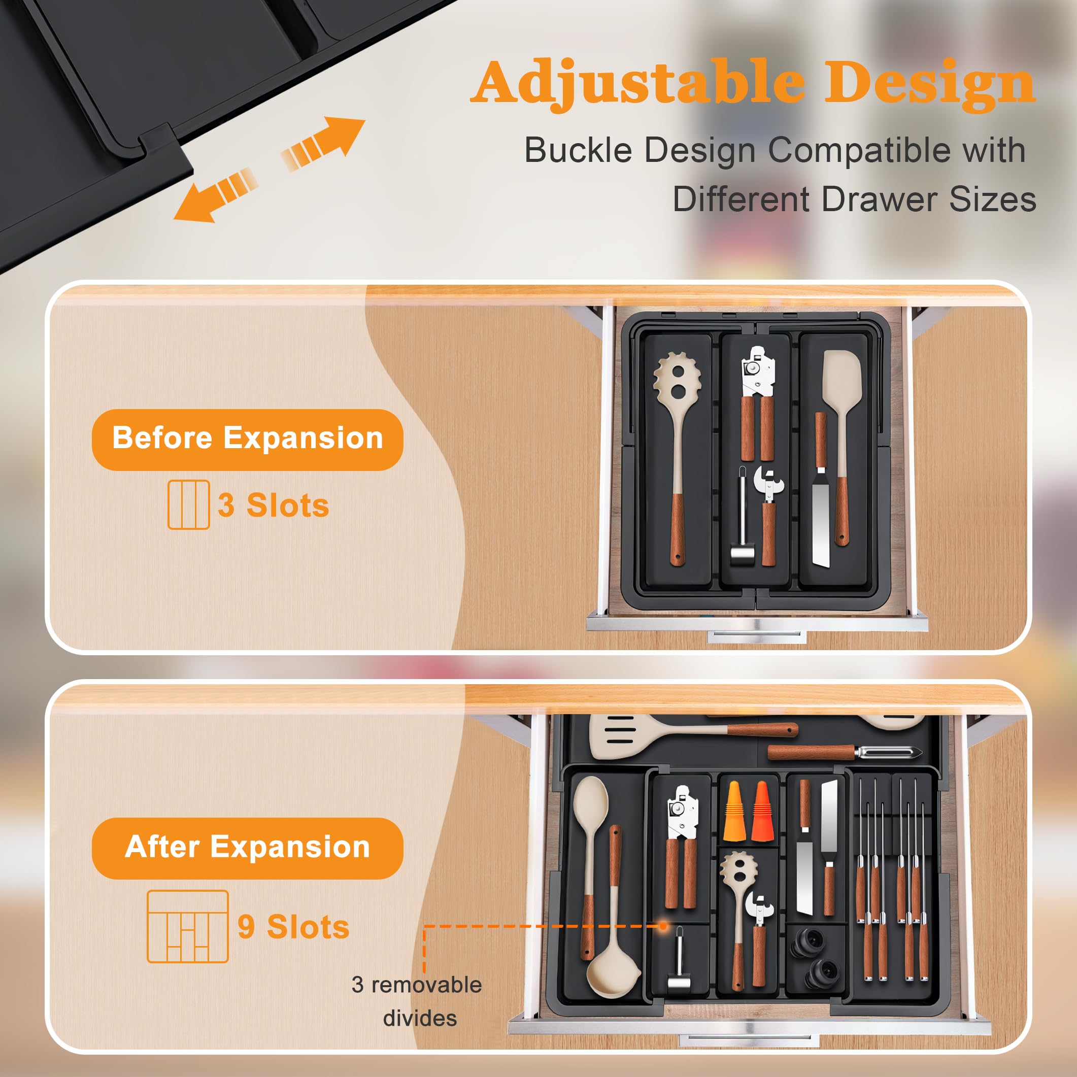 Homecor Utensil Drawer Organizer, Large Expandable Silverware Organizer for Kitchen Drawer, Cooking Utensils Tray Cutlery Flatware Holder with Removable Knife Blocks, Kitchen Gadgets Storage, Black