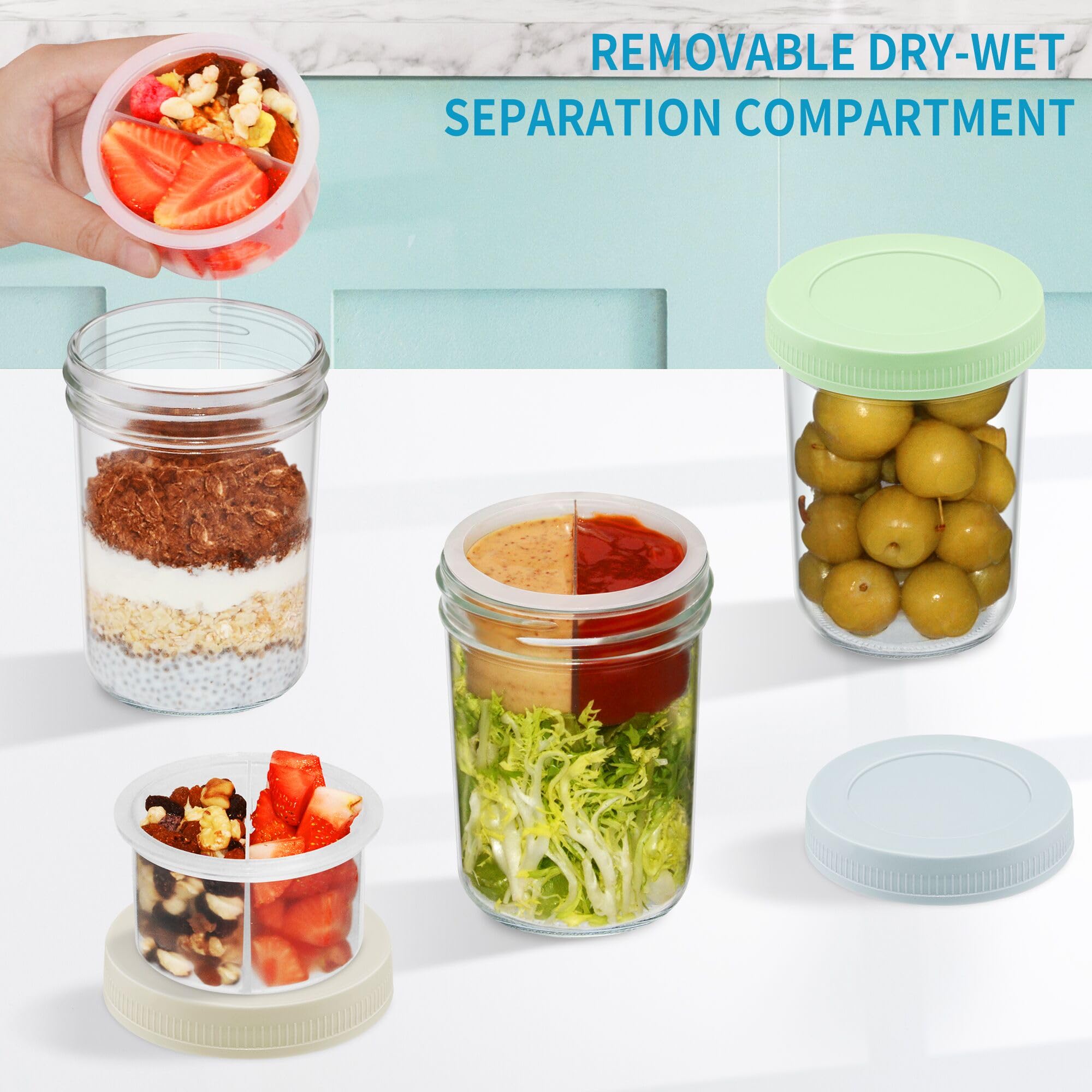 Xyptorix 16 oz Overnight Oats Containers with Airtight Lids - 4-Pack Leak-Proof Wide Mouth Mason Jars & Divided Cups for Dried and Wet Foods, Glass Jars for Chia Pudding, Salad, Snacks, and Yogurt