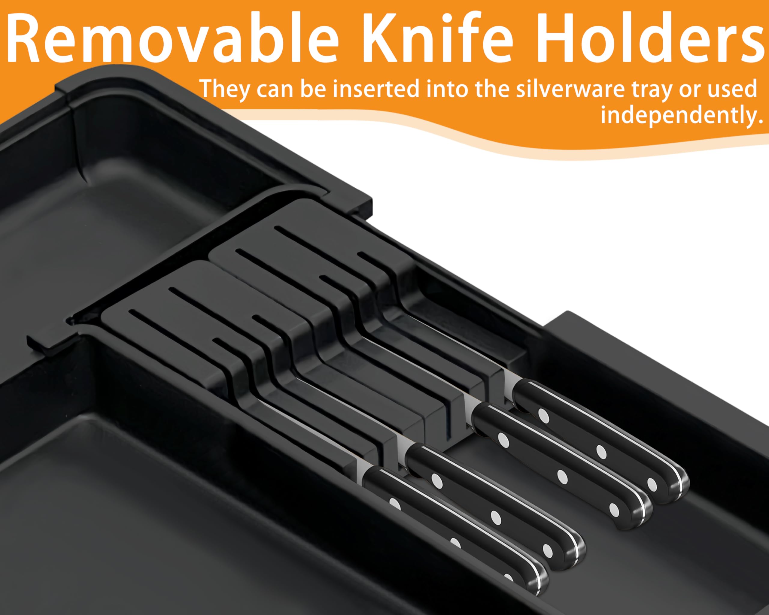 Homecor Utensil Drawer Organizer, Large Expandable Silverware Organizer for Kitchen Drawer, Cooking Utensils Tray Cutlery Flatware Holder with Removable Knife Blocks, Kitchen Gadgets Storage, Black