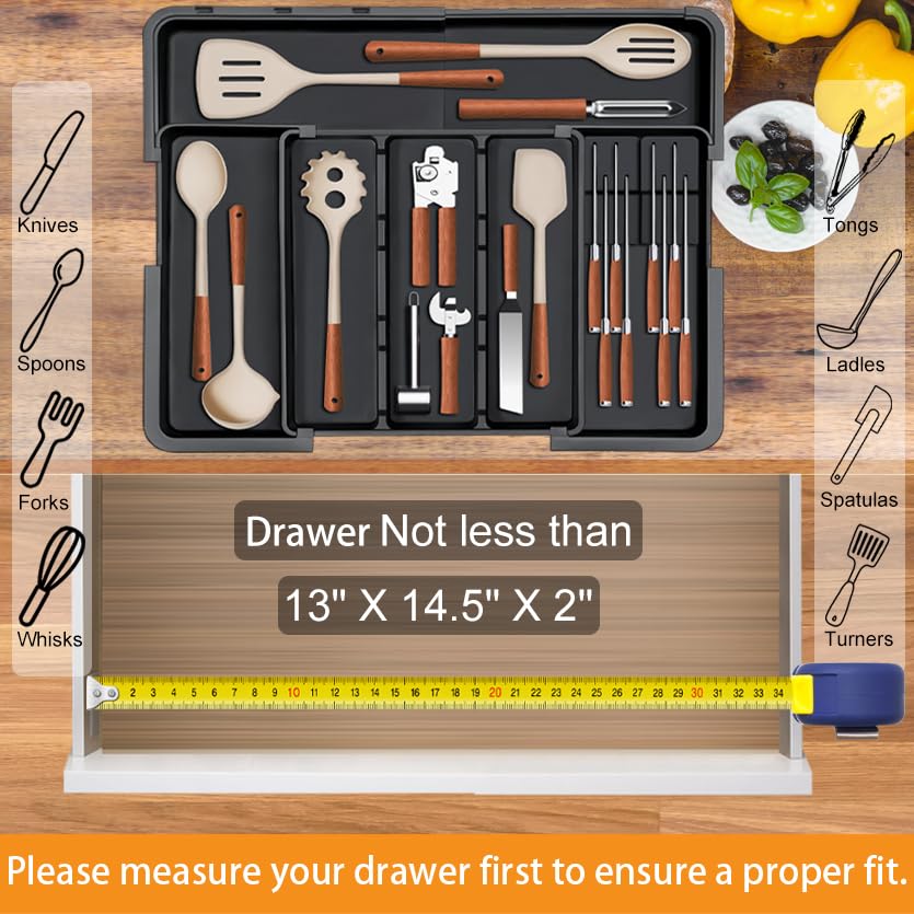 Homecor Utensil Drawer Organizer, Large Expandable Silverware Organizer for Kitchen Drawer, Cooking Utensils Tray Cutlery Flatware Holder with Removable Knife Blocks, Kitchen Gadgets Storage, Black