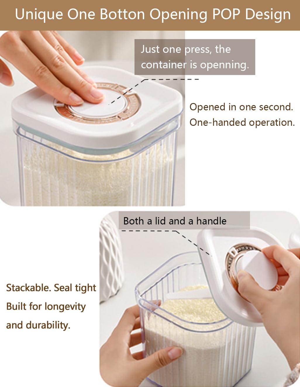 Besmall Food Storage Container with Pop Up Lids and Date Tracker Air Tight Containers with Scoop Clear Dispenser for Snacks, Candy, Salt, Herbs, Spices, Sugar, Coffee, 1.2L/ 40oz