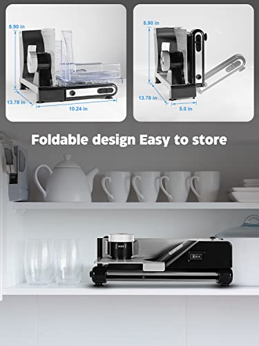 OSTBA Foldable Meat Slicer,Electric Deli Food Slicer with Food Tray,0-18mm Adjustable Thickness Meat Slicer for Home,Portable Collapsible Food Slicer with Stainless Steel Blades, Cuts Ham,Bread,Cheese