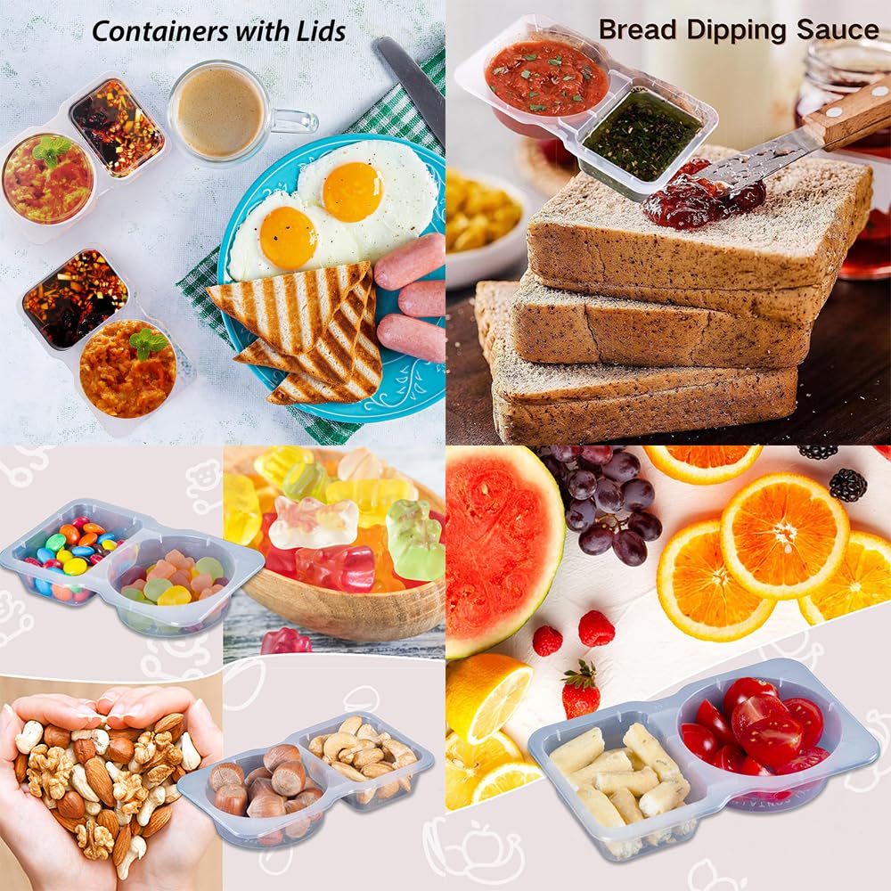 Dual Compartment Containerfor for Condiment, Dip, Sauce, Sampling and Travel Snacks,Portable Reusable Sauce Container,5Pcs Double Compartment Condiment Containers with Lids