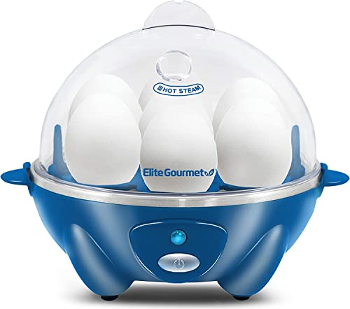 Elite Gourmet EGC007BL Rapid Egg Cooker, 7 Easy-To-Peel, Hard, Medium, Soft Boiled Eggs, Poacher, Omelet Maker, Auto Shut-Off, Alarm, 16-Recipe Booklet, Classic Blue