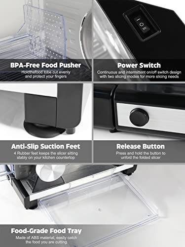 OSTBA Foldable Meat Slicer,Electric Deli Food Slicer with Food Tray,0-18mm Adjustable Thickness Meat Slicer for Home,Portable Collapsible Food Slicer with Stainless Steel Blades, Cuts Ham,Bread,Cheese