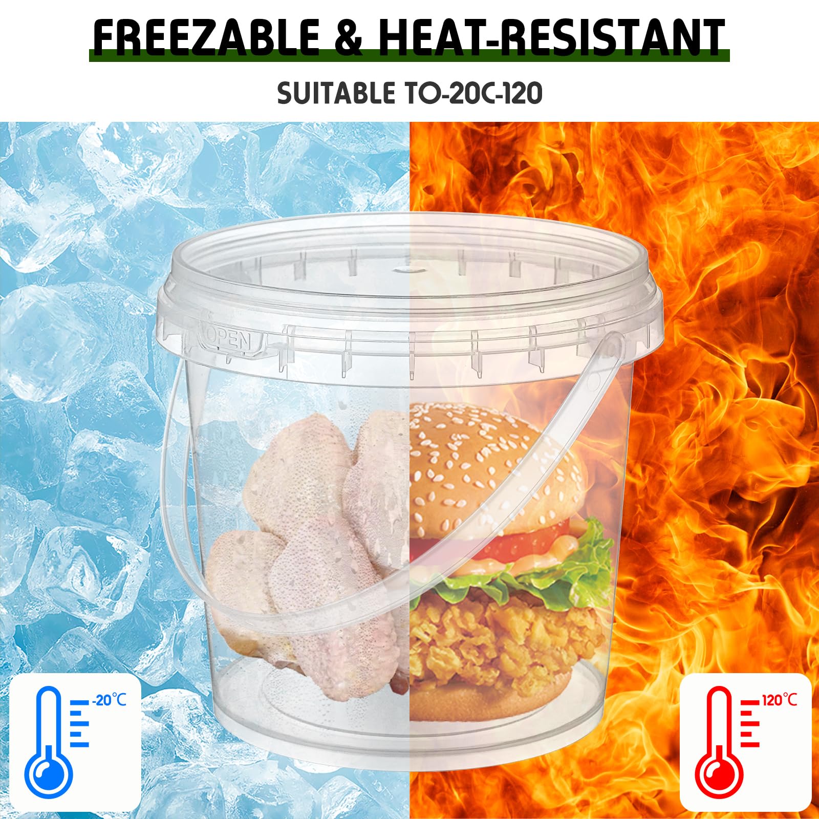 Mifoci 50 Pcs 32oz Food Clear Bucket Plastic Gallon Bucket Round Reusable Ice Cream Containers with Lids and Handles Airtight Clear Plastic Tub Freezer Reusable Pail for Kitchen Drinks Home(32oz)