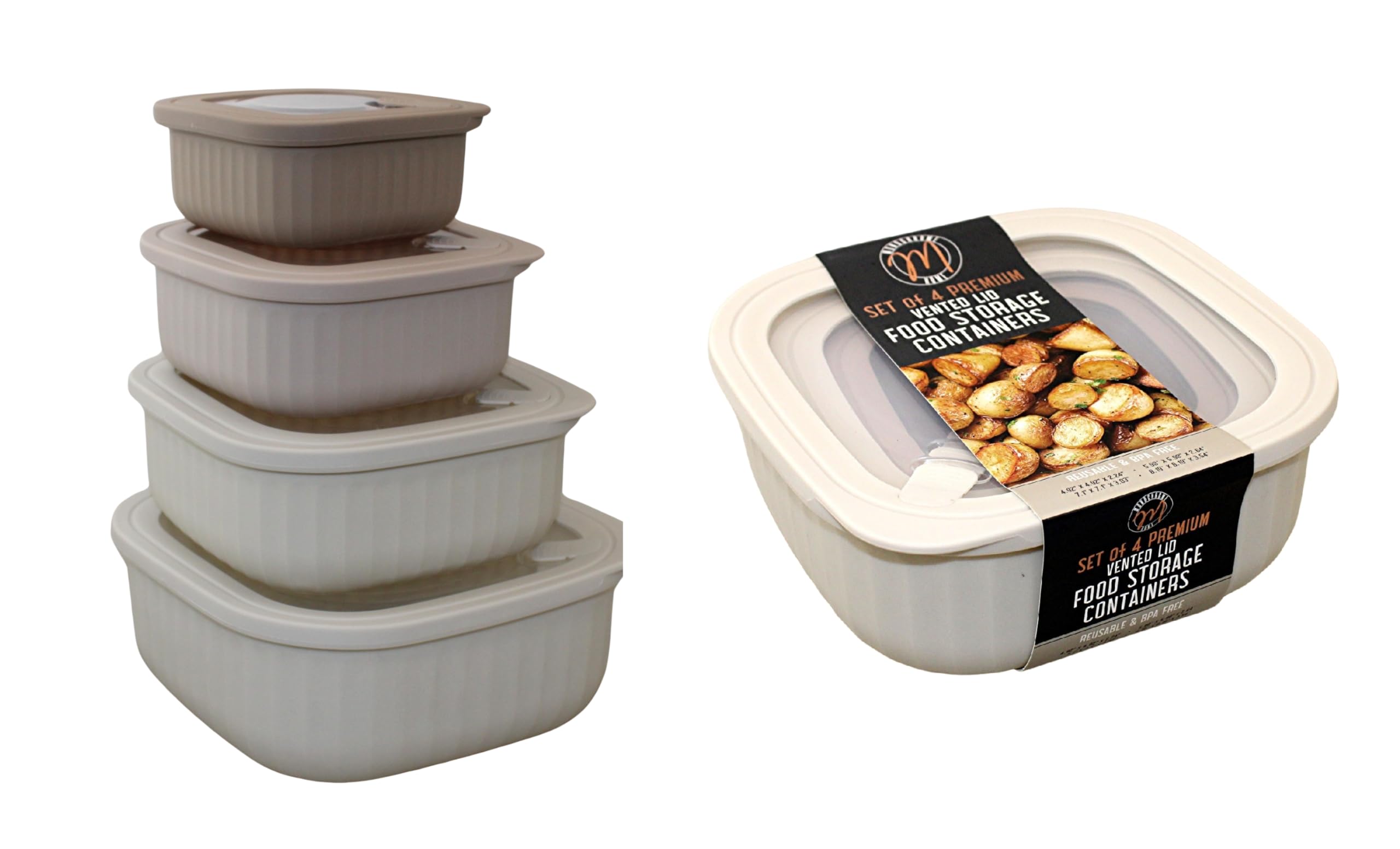 Set of 4 BPA-Free Square Food Storage Containers Vented Lids Assorted Sizes, Microwave & Freezer Safe Nesting Design for Leftovers Meal Prep Fridge Organization Dry Grains (Ivory)