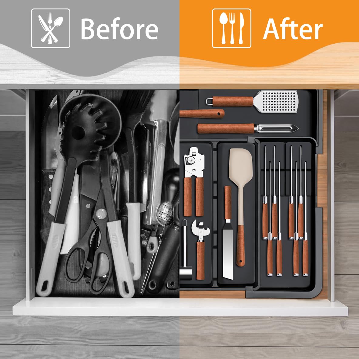 Homecor Utensil Drawer Organizer, Large Expandable Silverware Organizer for Kitchen Drawer, Cooking Utensils Tray Cutlery Flatware Holder with Removable Knife Blocks, Kitchen Gadgets Storage, Black
