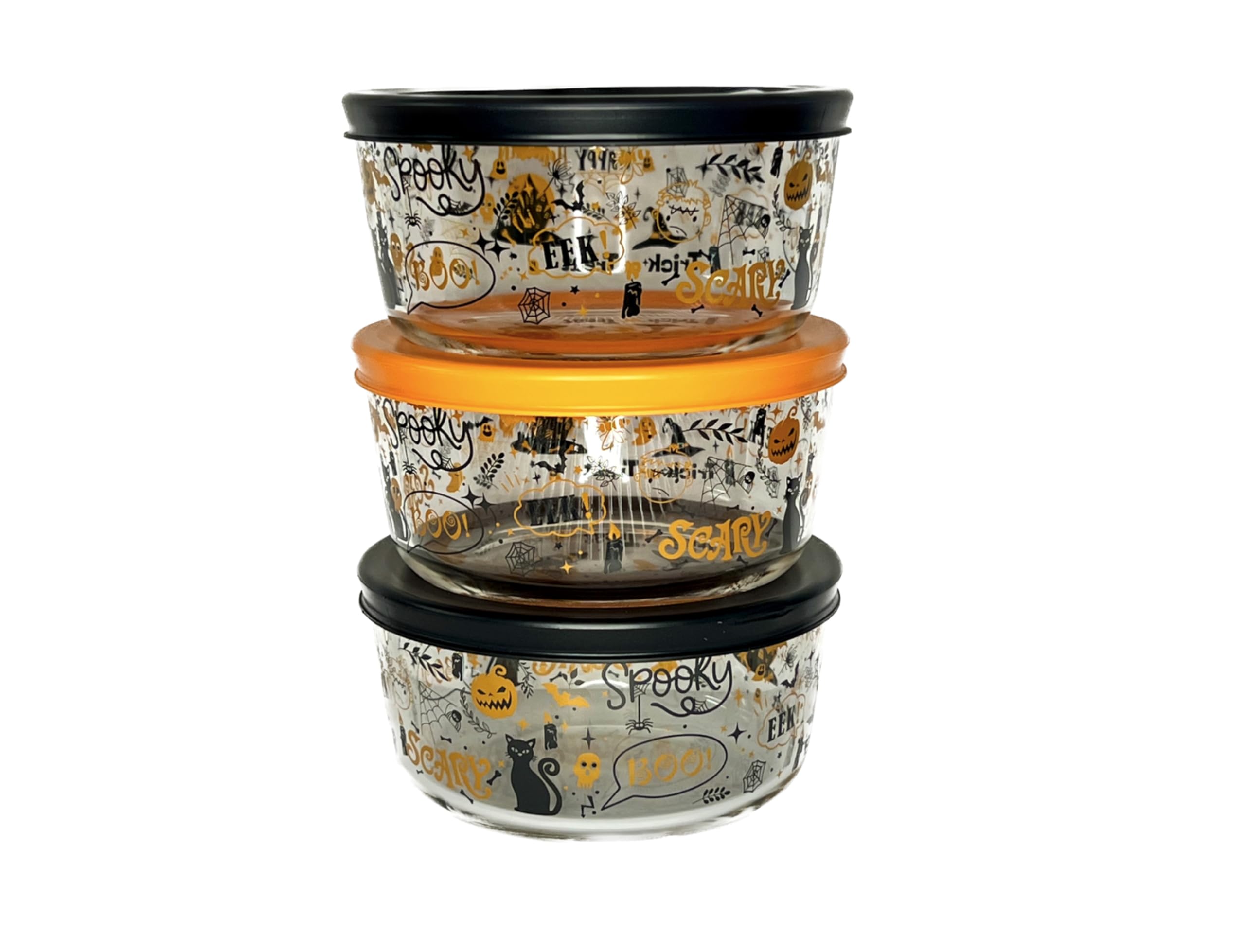 DURA LIVING Halloween Glass Food Storage Containers with Lids | Set of 6 (3 Containers + 3 Lids) 2-Cup | Spooky Design, BPA-Free, Microwave & Dishwasher Safe|Perfect for Meal Prep, Snacks & Leftovers