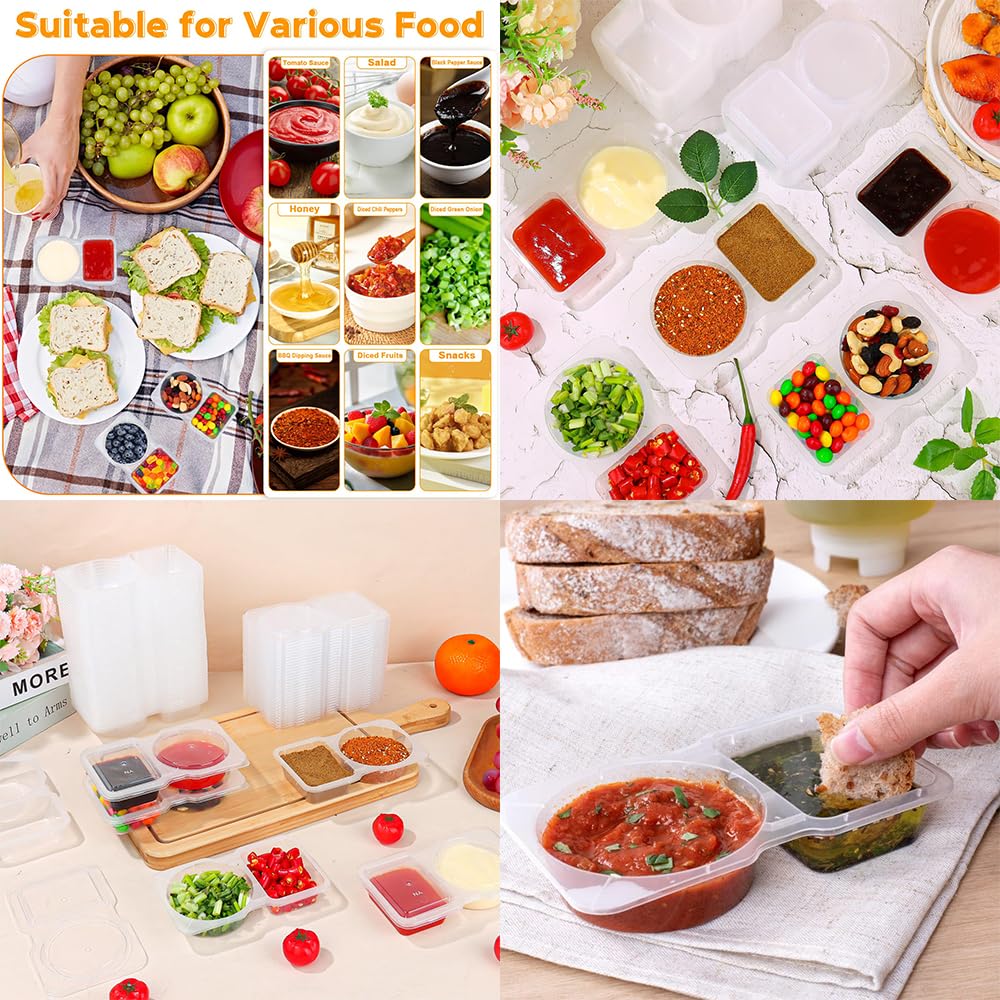 Dual Compartment Containerfor for Condiment, Dip, Sauce, Sampling and Travel Snacks,Portable Reusable Sauce Container,5Pcs Double Compartment Condiment Containers with Lids