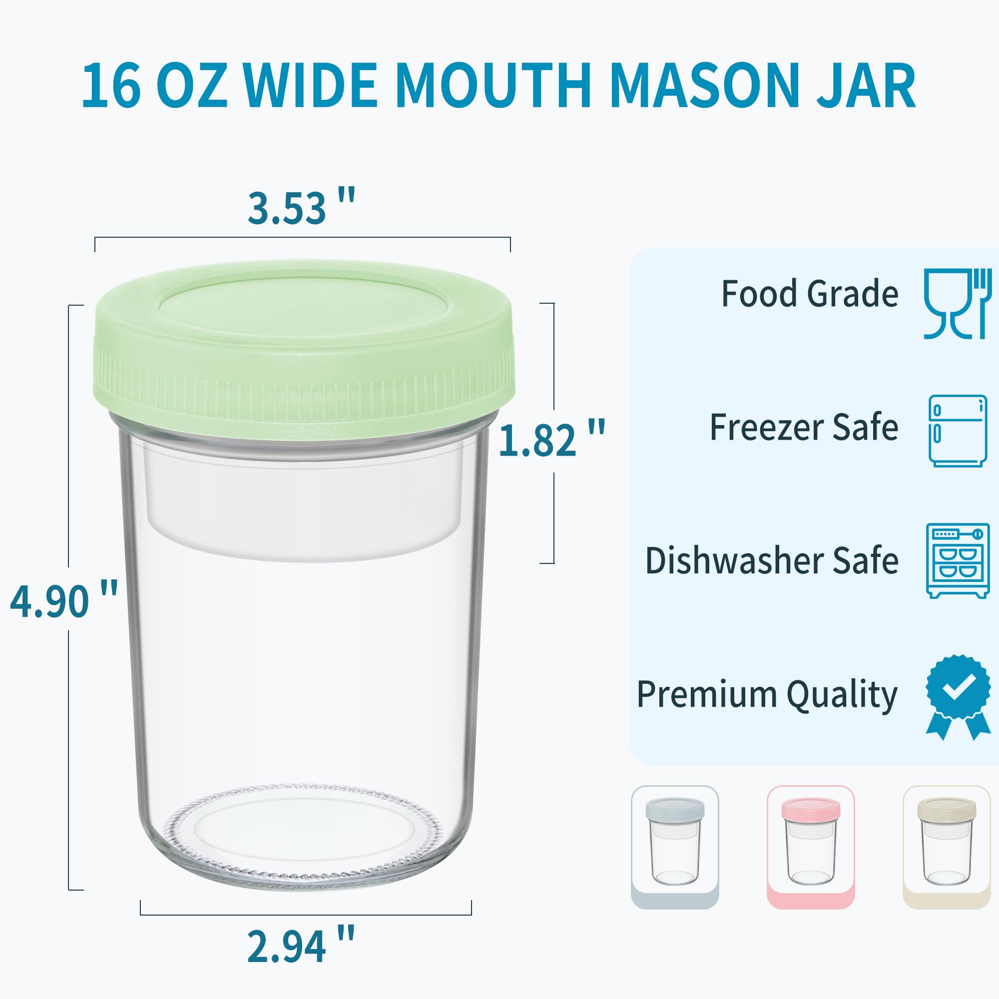 Xyptorix 16 oz Overnight Oats Containers with Airtight Lids - 4-Pack Leak-Proof Wide Mouth Mason Jars & Divided Cups for Dried and Wet Foods, Glass Jars for Chia Pudding, Salad, Snacks, and Yogurt
