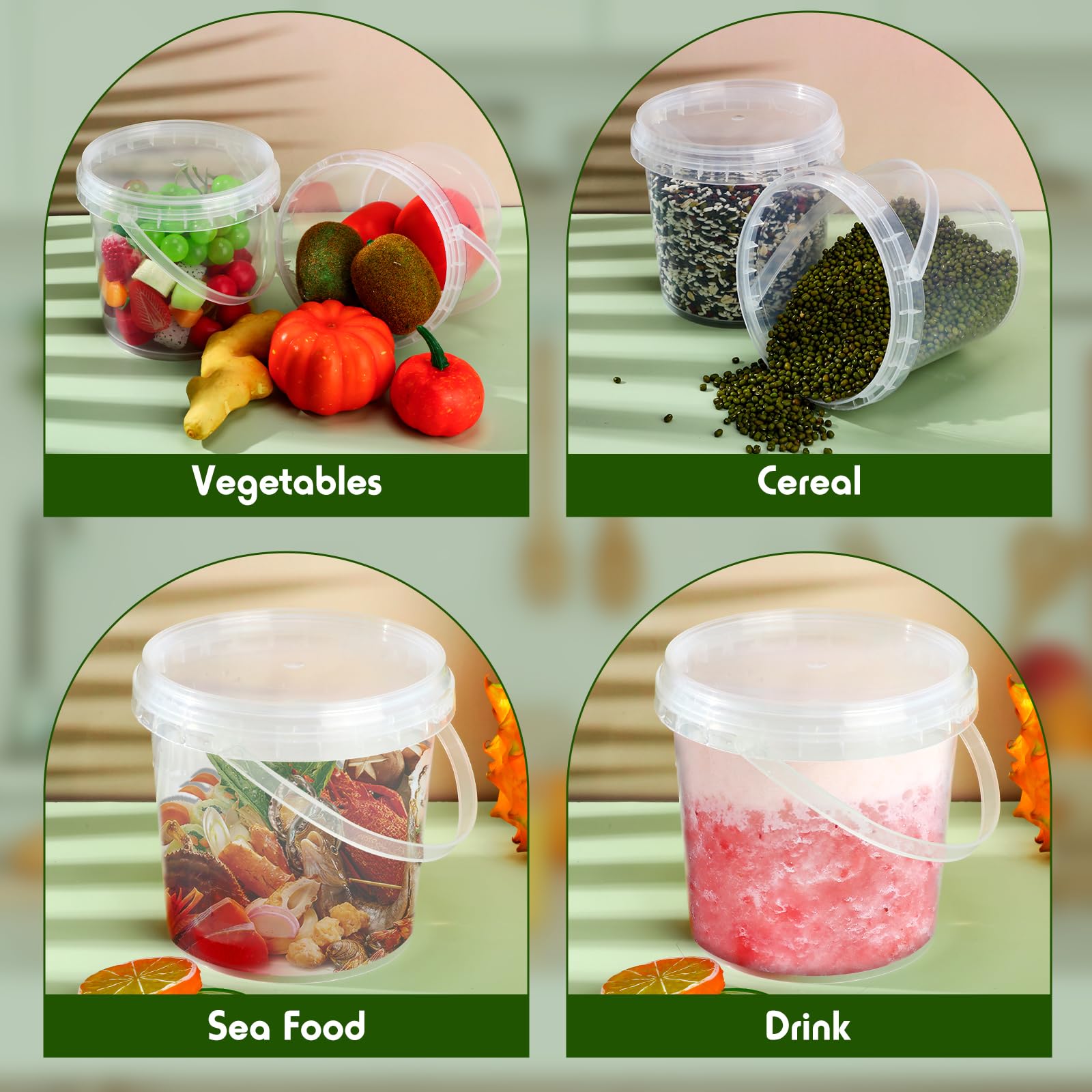 Mifoci 50 Pcs 32oz Food Clear Bucket Plastic Gallon Bucket Round Reusable Ice Cream Containers with Lids and Handles Airtight Clear Plastic Tub Freezer Reusable Pail for Kitchen Drinks Home(32oz)