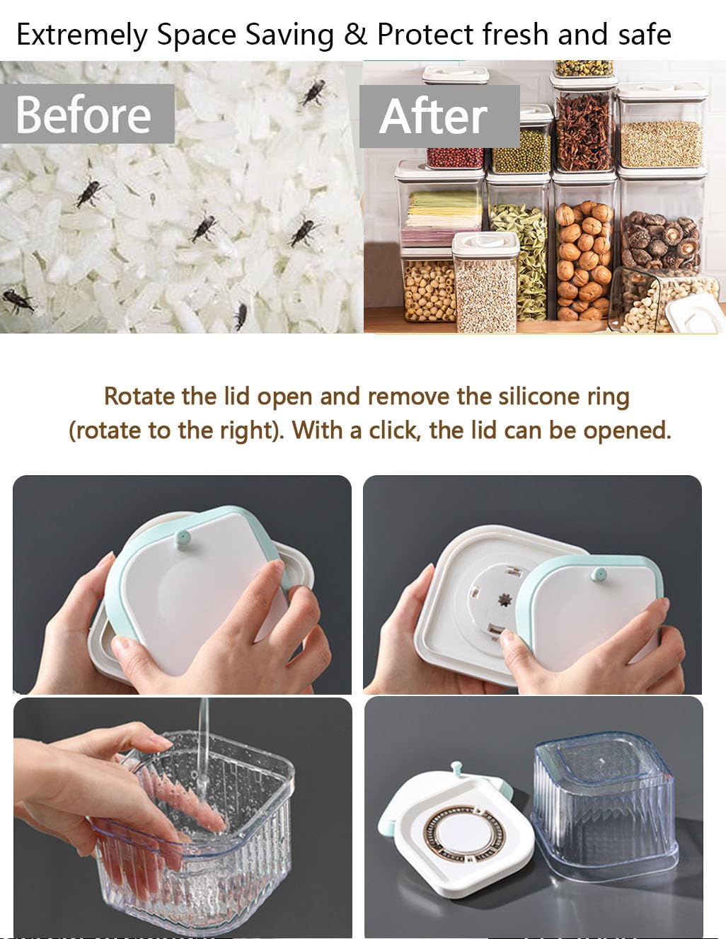 Besmall Food Storage Container with Pop Up Lids and Date Tracker Air Tight Containers with Scoop Clear Dispenser for Snacks, Candy, Salt, Herbs, Spices, Sugar, Coffee, 1.2L/ 40oz