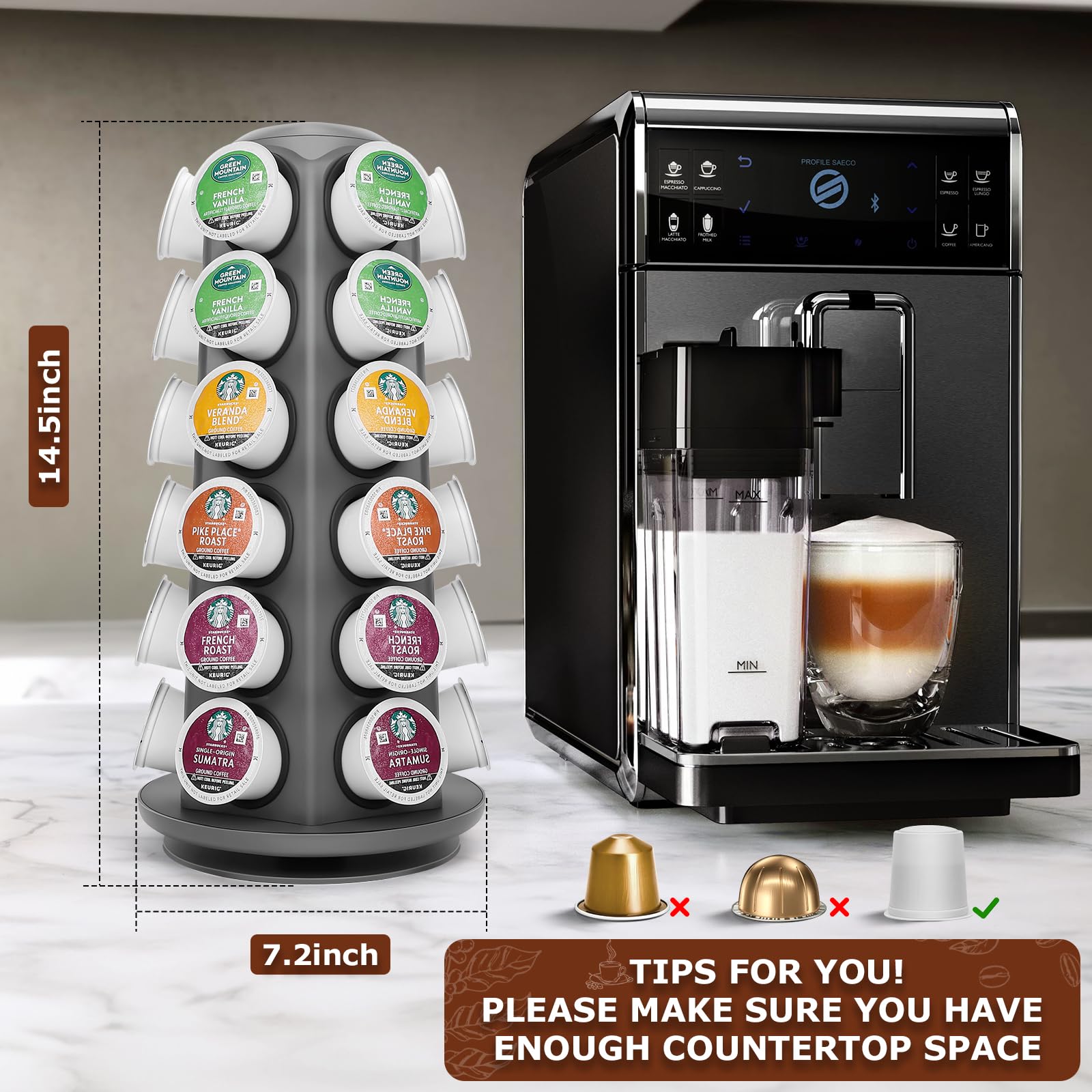 K Cup Holder Carousel-Coffee Pod Holder Organizer Compatible with 36 K-Cups Pods, for Home Kitchen Office Countertop or Coffee Station, Spins 360-Degrees, Detachable, Matte Gray