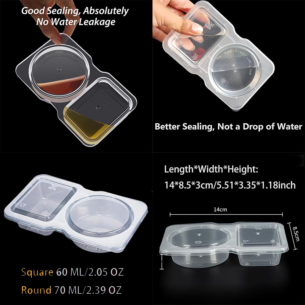 Dual Compartment Containerfor for Condiment, Dip, Sauce, Sampling and Travel Snacks,Portable Reusable Sauce Container,5Pcs Double Compartment Condiment Containers with Lids