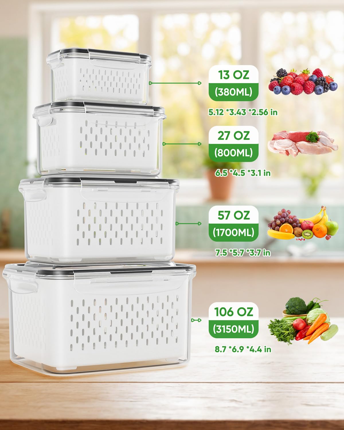 Extra Large 7 Pack Fruit Containers for Fridge,Stackable Refrigerator Organizer Bins with Removable Colander,Dishwasher & Microwave Safe Produce Containers Keep Fruits, Vegetables, Meat Fresh longer