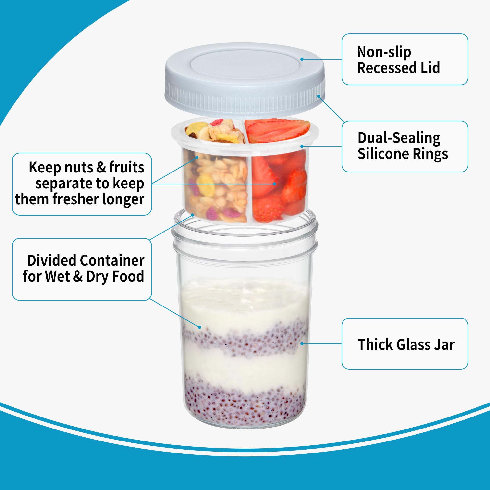 Xyptorix 16 oz Overnight Oats Containers with Airtight Lids - 4-Pack Leak-Proof Wide Mouth Mason Jars & Divided Cups for Dried and Wet Foods, Glass Jars for Chia Pudding, Salad, Snacks, and Yogurt