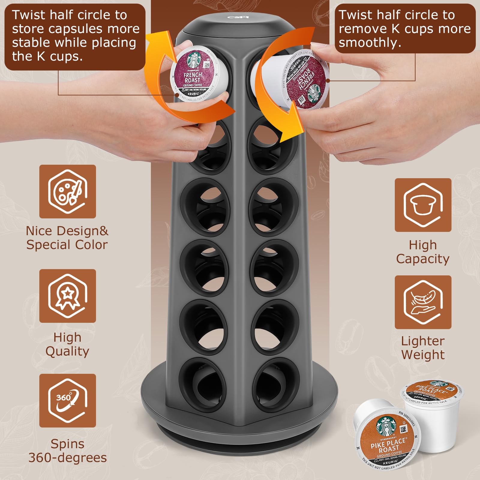 K Cup Holder Carousel-Coffee Pod Holder Organizer Compatible with 36 K-Cups Pods, for Home Kitchen Office Countertop or Coffee Station, Spins 360-Degrees, Detachable, Matte Gray