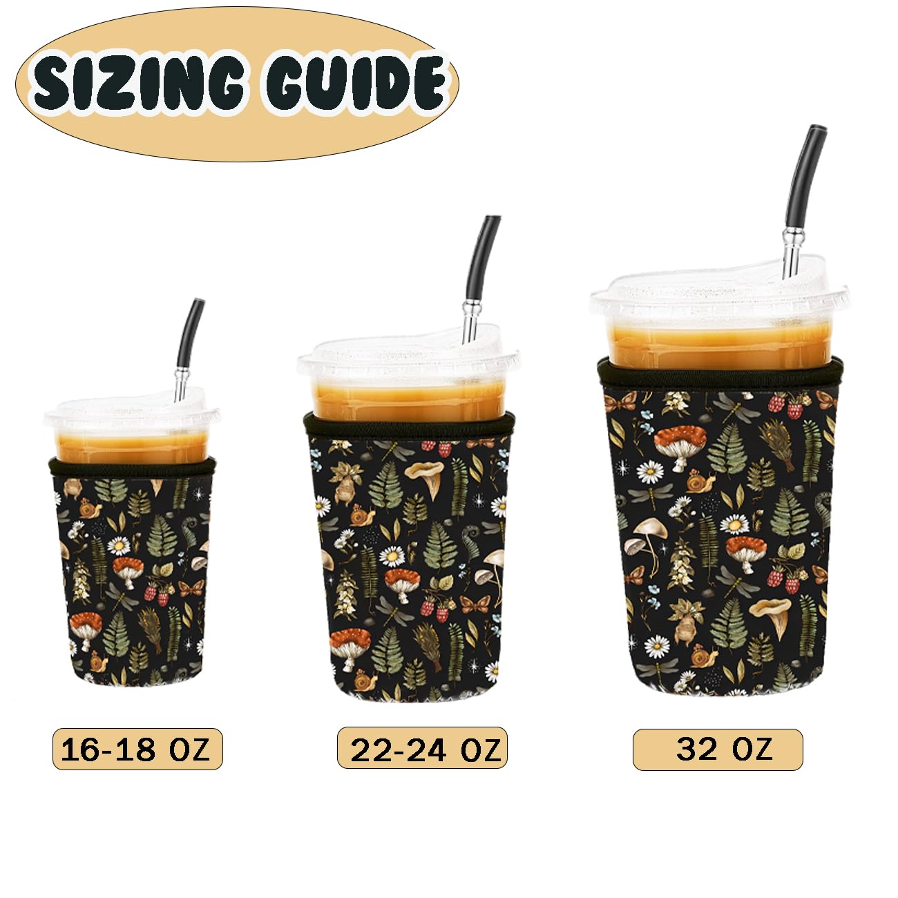 Reusable Insulated Neoprene Iced Coffee Cup Sleeve, Durable Drink Sleeve for Cold Beverages, Beverage Holder for iced coffee (Mushroom Mirage)