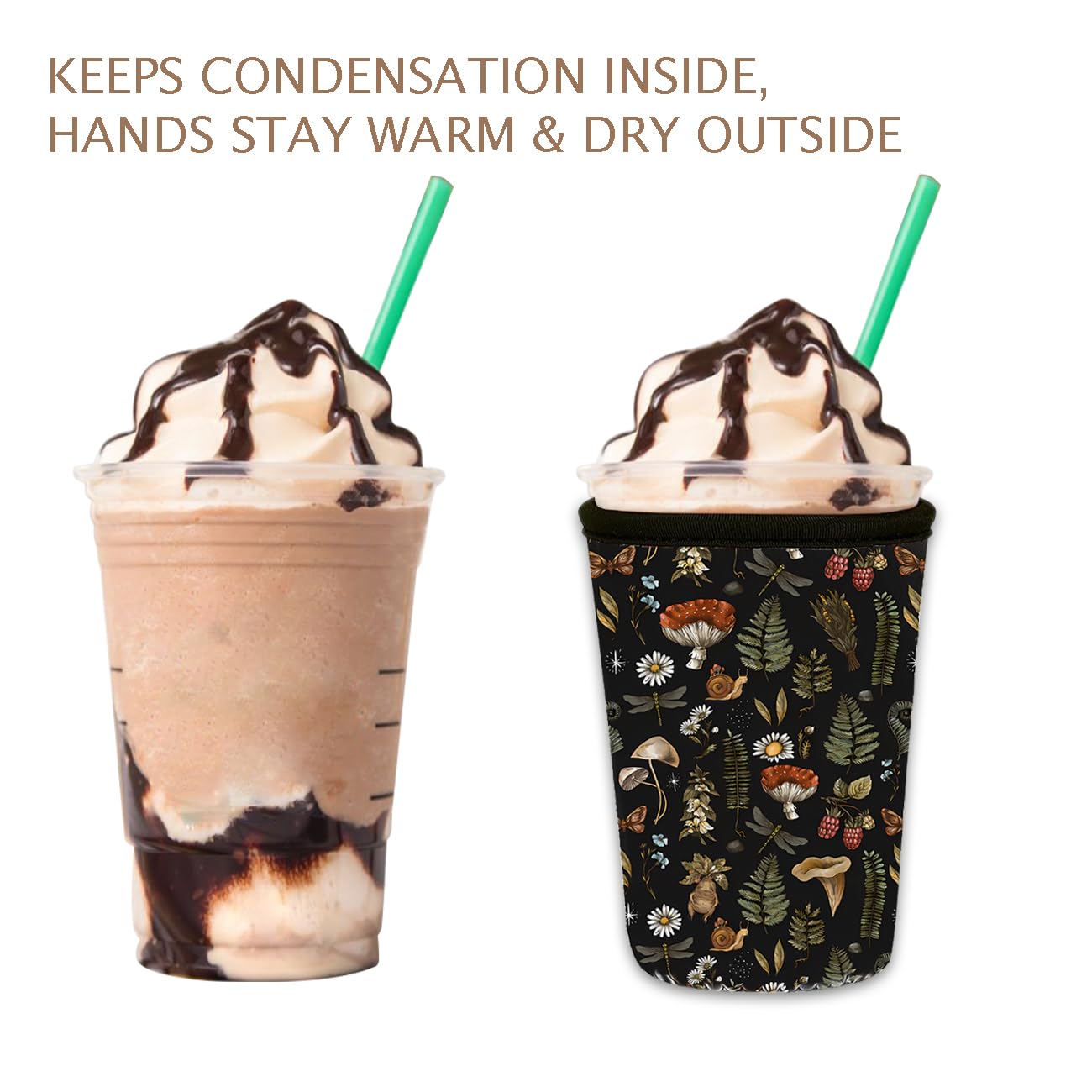Reusable Insulated Neoprene Iced Coffee Cup Sleeve, Durable Drink Sleeve for Cold Beverages, Beverage Holder for iced coffee (Mushroom Mirage)