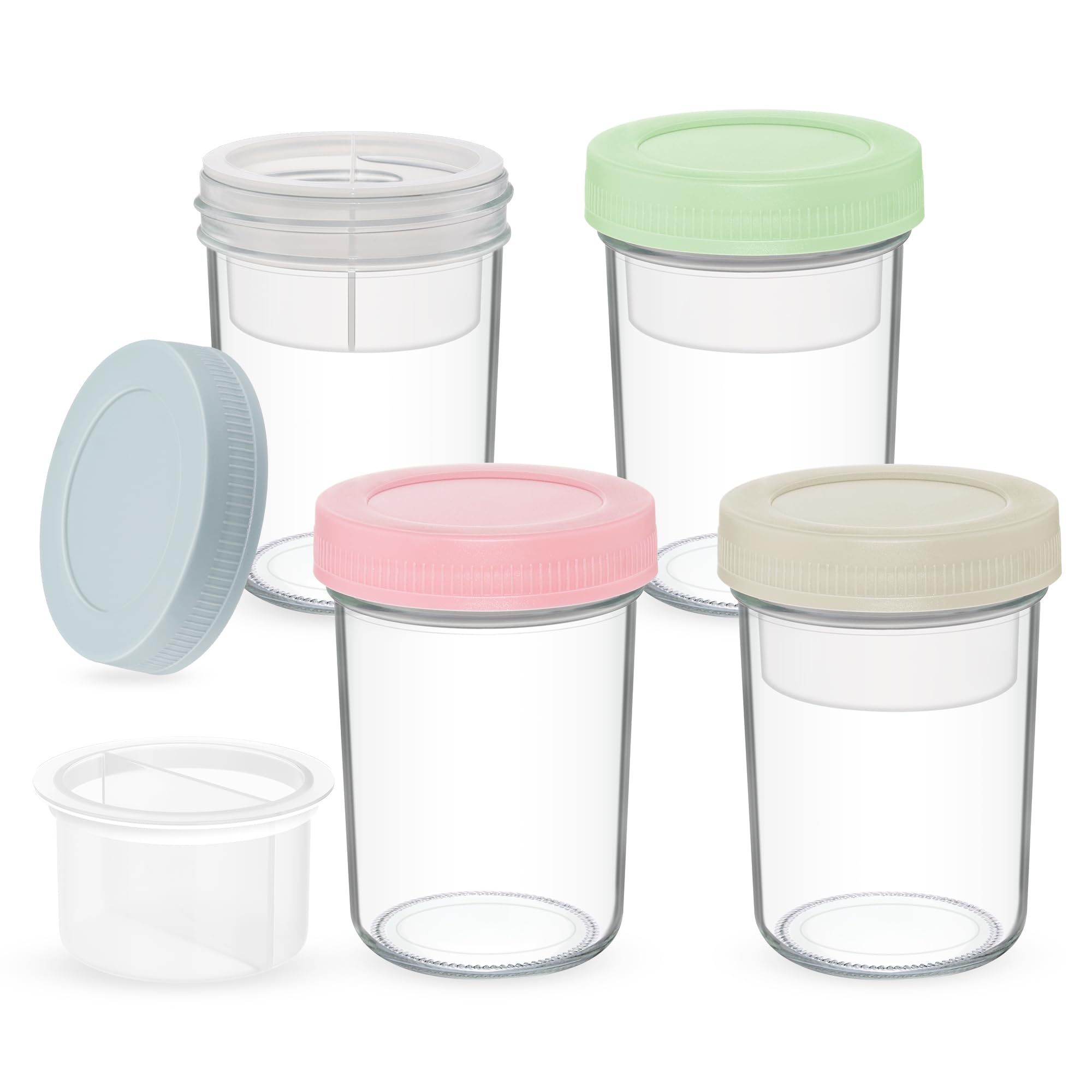 Xyptorix 16 oz Overnight Oats Containers with Airtight Lids - 4-Pack Leak-Proof Wide Mouth Mason Jars & Divided Cups for Dried and Wet Foods, Glass Jars for Chia Pudding, Salad, Snacks, and Yogurt