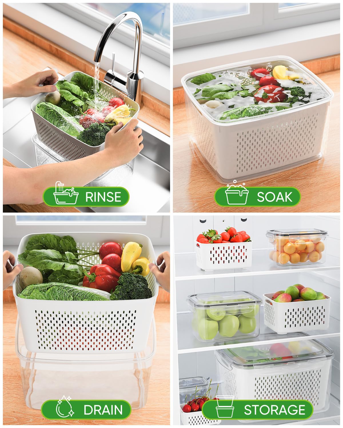 Extra Large 7 Pack Fruit Containers for Fridge,Stackable Refrigerator Organizer Bins with Removable Colander,Dishwasher & Microwave Safe Produce Containers Keep Fruits, Vegetables, Meat Fresh longer