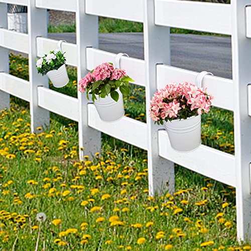 4 Inch Metal Iron Hanging Flower Plant Pots,10 Pack Colorful Balcony Garden Planters with Hanging Fence Plant Planter with Detachable Hook (White)