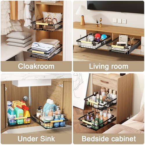 Pull Out Cabinet Organizer, AUFWORLD 2 Pack Heavy Duty Slide Out Drawers Fixed with Adhesive Nano Film, Pull Out Shelves for Kitchen Cabinets, Pantry, Bathroom Organization (Black, 2 Pack)