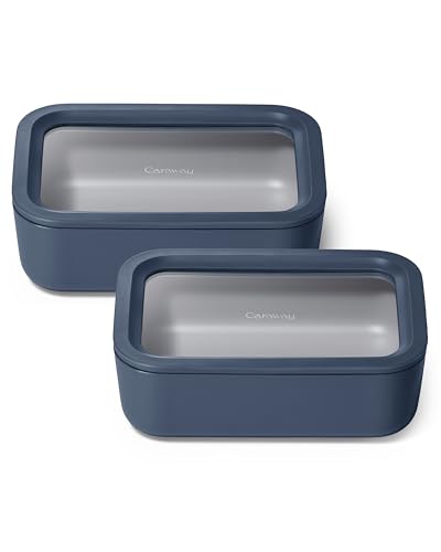Caraway 2pc Glass Food Storage Set - 6.6 Cup Food Containers (2) - Ceramic Coated - Non Toxic, Non Stick Lunch Box with Lids. Dishwasher, Oven, & Microwave Safe - Navy