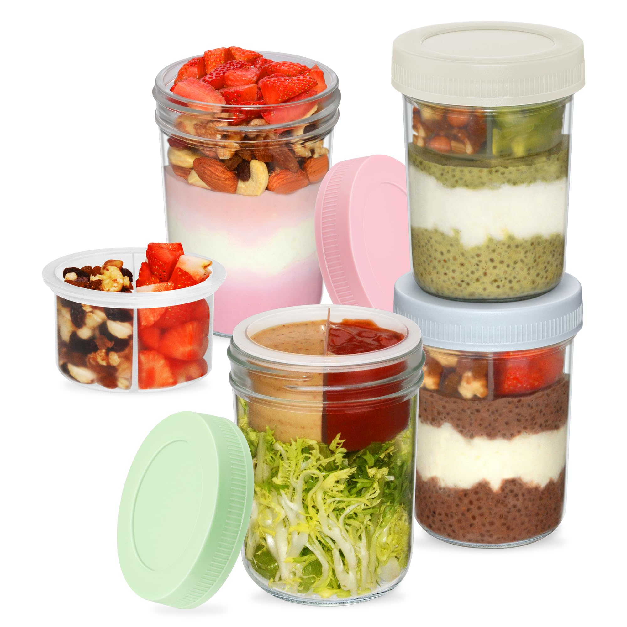Xyptorix 16 oz Overnight Oats Containers with Airtight Lids - 4-Pack Leak-Proof Wide Mouth Mason Jars & Divided Cups for Dried and Wet Foods, Glass Jars for Chia Pudding, Salad, Snacks, and Yogurt