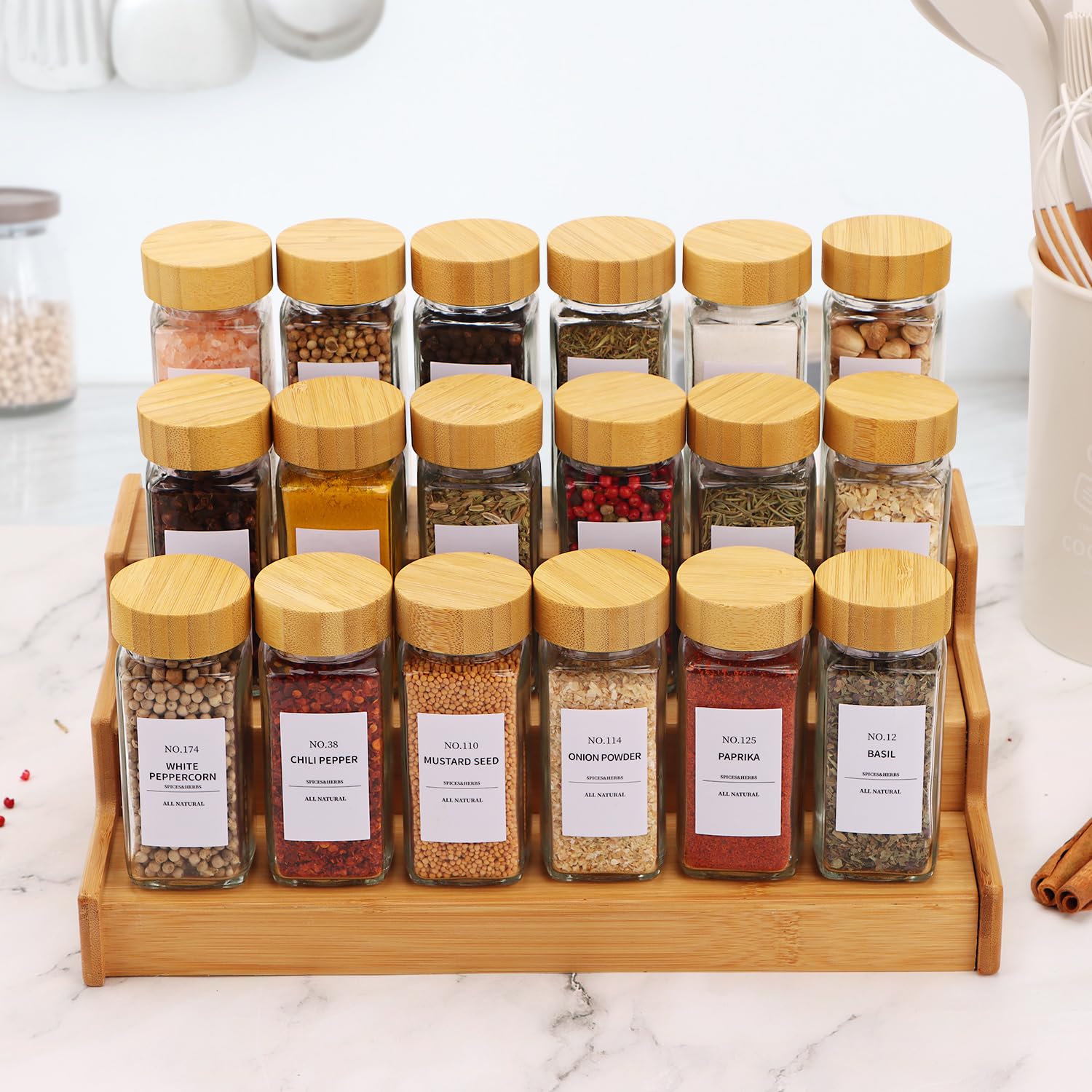 Forhaodejia Spice Jars - 24 Pcs, Spice Jars with Labels, Glass Spice Jars with Bamboo Lids, Seasoning Containers,Empty Glass Spice Container Set, Seasoning Organizer, Kitchen Set, with Pepper Grinder