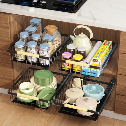 Pull Out Cabinet Organizer, AUFWORLD 2 Pack Heavy Duty Slide Out Drawers Fixed with Adhesive Nano Film, Pull Out Shelves for Kitchen Cabinets, Pantry, Bathroom Organization (Black, 2 Pack)