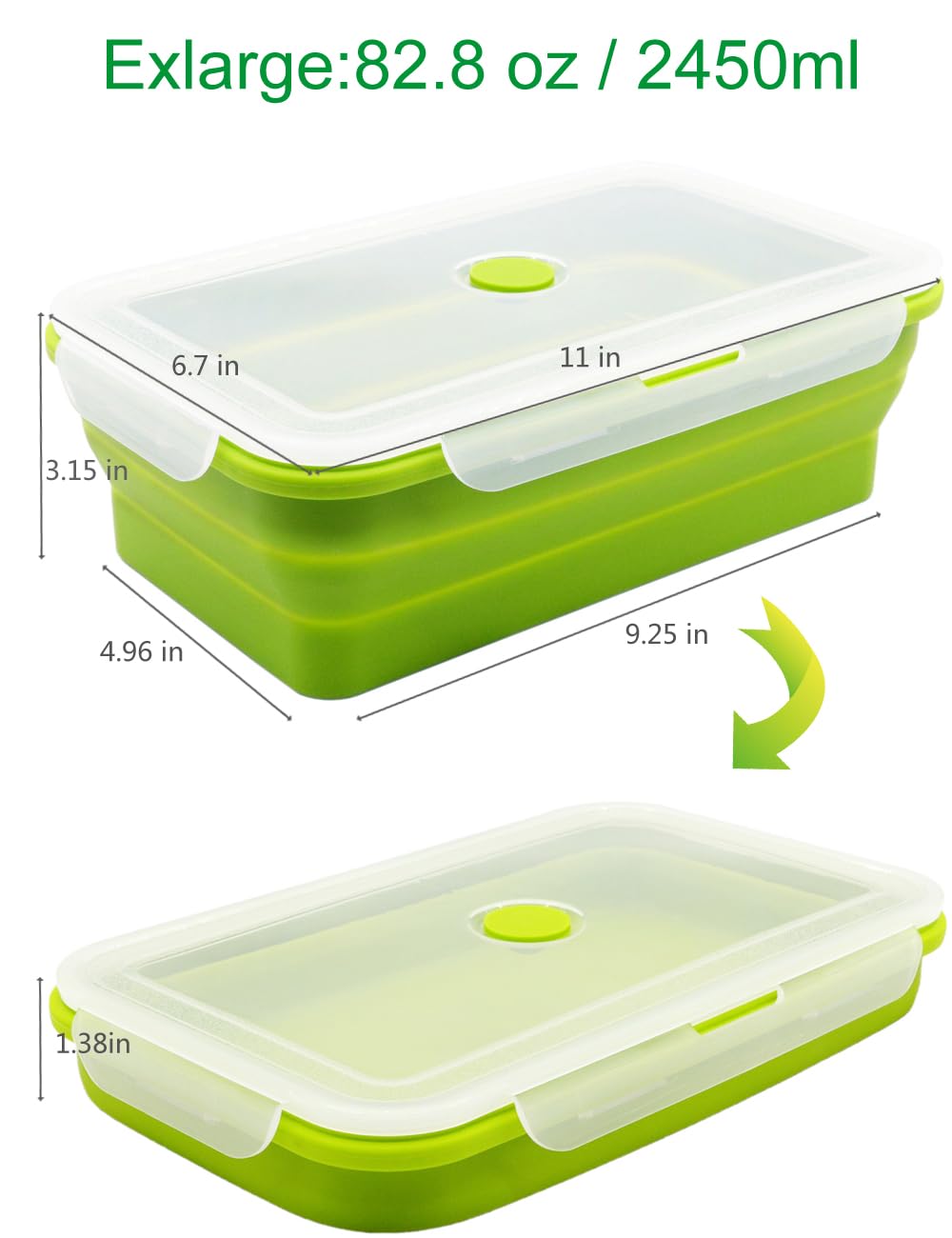 FUSMYE Extra Large Collapsible Silicone Food Storage Containers With Lids, 82.8oz, 2 Pack, XXL Foldable Bento Lunch Box, Big Meal Boxes for Kitchen, Camping, BPA Free