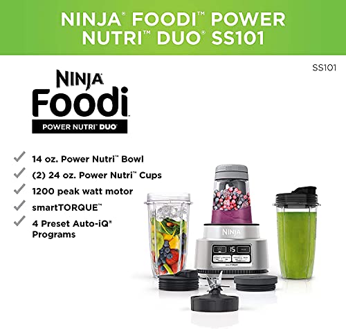 Ninja Foodi SS100 Stainless Steel Smoothie Blender Bowl Maker and Nutrient Extractor with 24-Oz Nutrient Extraction Cup, To-Go Lids and Hybrid Blades