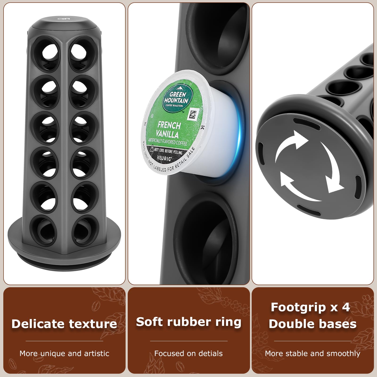 K Cup Holder Carousel-Coffee Pod Holder Organizer Compatible with 36 K-Cups Pods, for Home Kitchen Office Countertop or Coffee Station, Spins 360-Degrees, Detachable, Matte Gray
