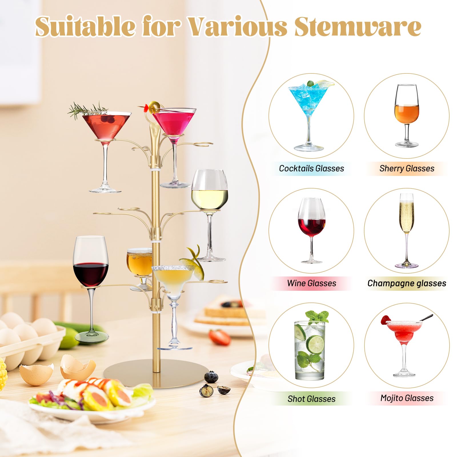 ALIMOTA Cocktail Tree Stand for Drinks Champagne Tower Wine Glasses Holder, 3 Tier 12 Holders, Bar Home Drinks Tree Display Suitable for Gin, Cocktails, Champagne, Wine