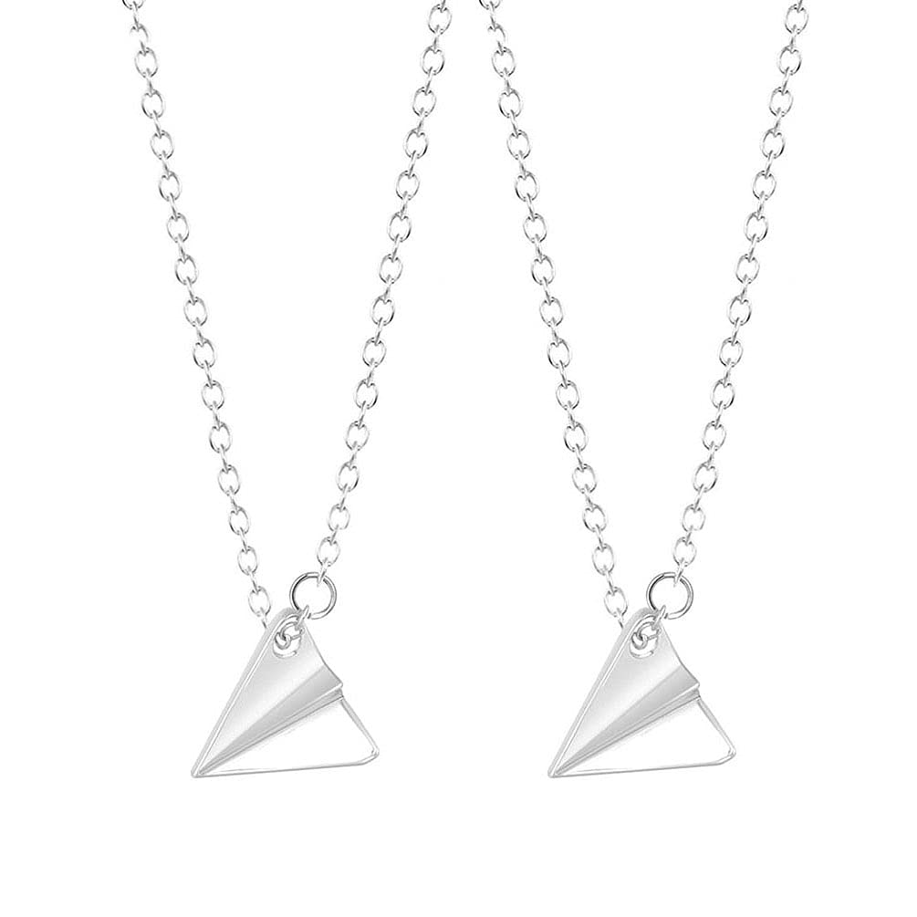 YOOESTORES82 2PCS Triangle Origami Plane Necklaces,Delicate Geometric Triangle Paper Airplane Pendant Necklace Set for Women Couples (Silver)