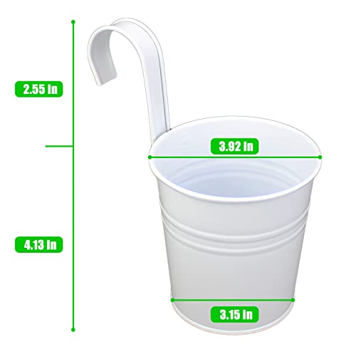 4 Inch Metal Iron Hanging Flower Plant Pots,10 Pack Colorful Balcony Garden Planters with Hanging Fence Plant Planter with Detachable Hook (White)