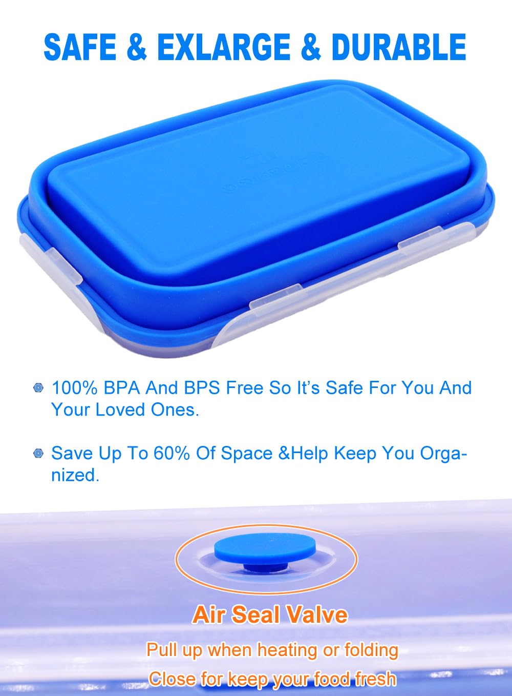 FUSMYE Extra Large Collapsible Silicone Food Storage Containers With Lids, 82.8oz, 2 Pack, XXL Foldable Bento Lunch Box, Big Meal Boxes for Kitchen, Camping, BPA Free