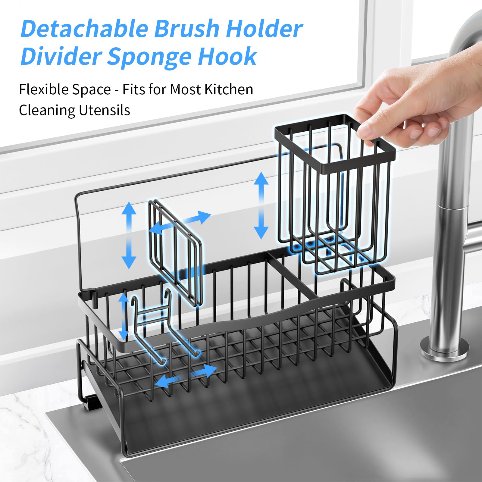 Adurei Kitchen Sink Caddy Sponge Holder for Kitchen Sink SUS304 Stainless Steel Rack with High Brush Holder Smiley Face Sponge Hook Towel Holder and Divider Gadgets Organizer for Counter