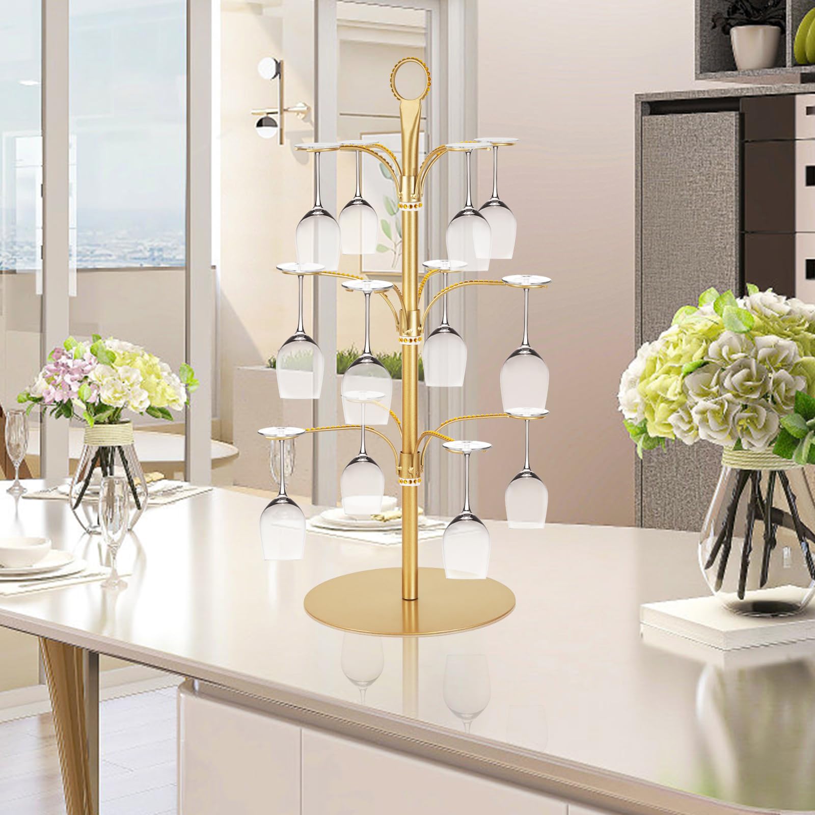 ALIMOTA Cocktail Tree Stand for Drinks Champagne Tower Wine Glasses Holder, 3 Tier 12 Holders, Bar Home Drinks Tree Display Suitable for Gin, Cocktails, Champagne, Wine