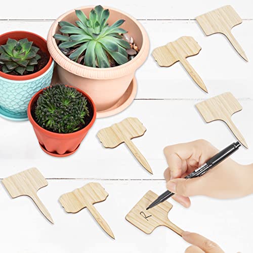 SKADADYL 50 Pcs Bamboo Plant Labels,Garden Plant Labels,Nursery Garden Labels with 1 Pcs Garden Pen (T-Style, 2.76*3.15inch)