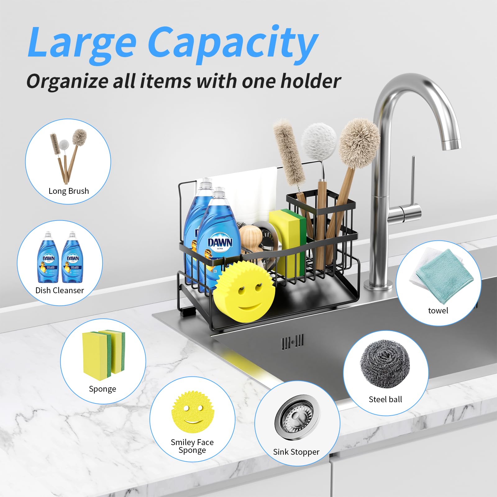 Adurei Kitchen Sink Caddy Sponge Holder for Kitchen Sink SUS304 Stainless Steel Rack with High Brush Holder Smiley Face Sponge Hook Towel Holder and Divider Gadgets Organizer for Counter