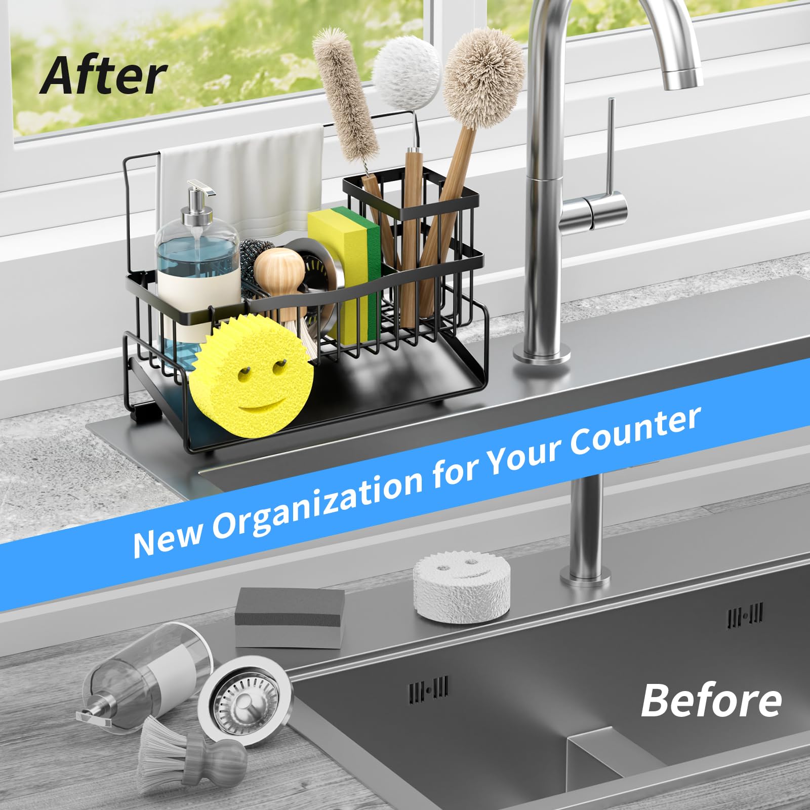 Adurei Kitchen Sink Caddy Sponge Holder for Kitchen Sink SUS304 Stainless Steel Rack with High Brush Holder Smiley Face Sponge Hook Towel Holder and Divider Gadgets Organizer for Counter